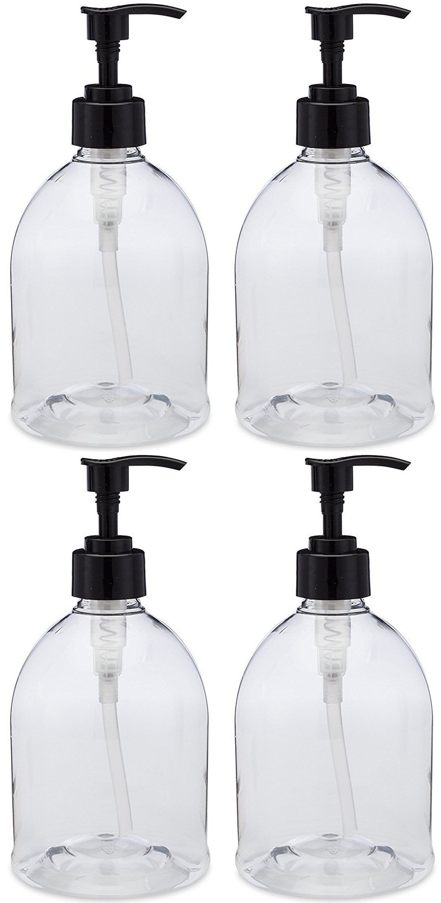 (4 Pack with Patented Screw-On Funnel) Earth's Essentials Versatile 16 Ounce PET Plastic Refillable Designer Pump Bottles. Excellent Liquid Hand Soap, Lotion, Shampoo and Massage Oil Dispensers