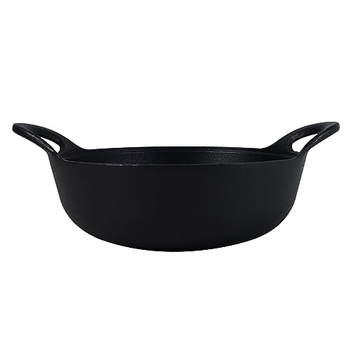 Cast Iron Balti Dish Pot with a Glass Lid, 3 Quart Medium Cast Iron Casserole Dish, Nonstick Handi Cast Iron Kadai Indian, Asian Wok, Dutch Oven
