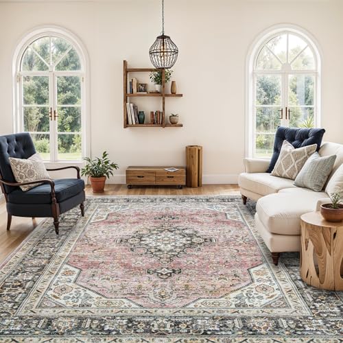 HILORUUG Washable Area Rug - 8x10 Bedroom Living Room Large Indoor Rugs Soft Oriental Vintage Rugs Non-Slip Backing Stain Resistant for Farmhouse Kitchen (8x10 Pink)