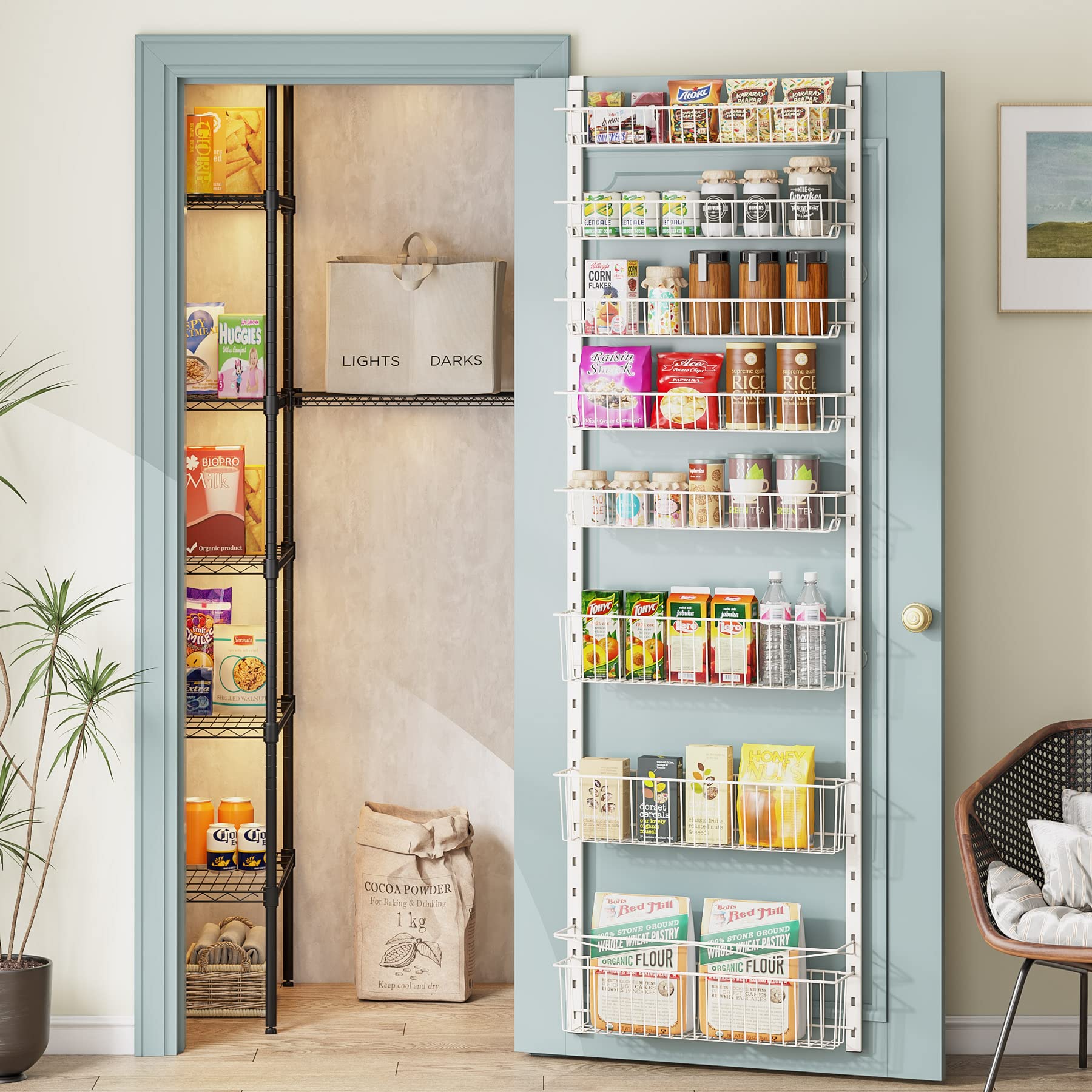 1Easylife Over The Door Pantry Organizer, 8-Tier Adjustable Baskets Pantry Organization, Metal Door Shelf with Detachable Frame, Space Saving Hanging Spice Rack for Kitchen Pantry Bathroom, Off White