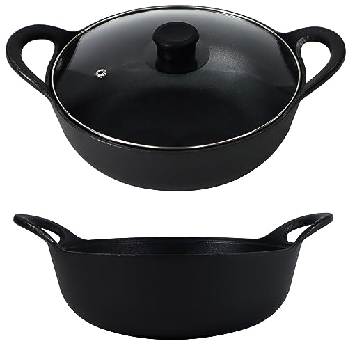 Cast Iron Balti Dish Pot with a Glass Lid, 3 Quart Medium Cast Iron Casserole Dish, Nonstick Handi Cast Iron Kadai Indian, Asian Wok, Dutch Oven