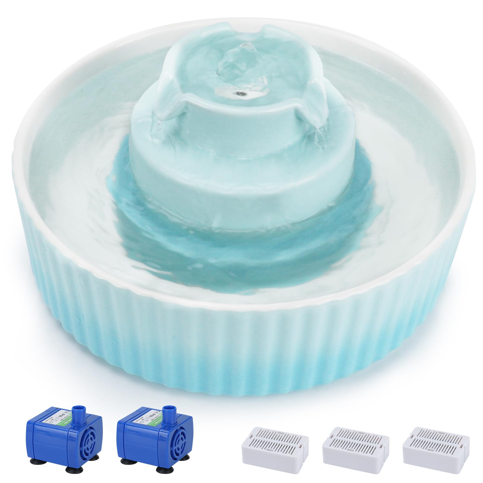 Lawfery Ceramic Cat Water Fountain, 2.1L/71oz Cat Fountain with 3 Carbon Filters and 2 Quiet Pumps, Cupcake Pet Water Dispenser for Cats and Dogs (Light Blue)