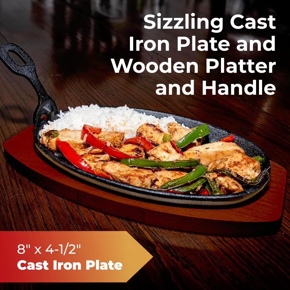 Cast Iron Steak or Fajita Plate 8 x 4 1/2 inside dimension w/ Wooden Holder and Handle