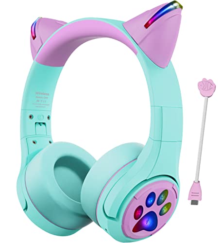 Riwbox CF9 Cat Ear Kids Bluetooth Headphones with LED Light Up,Safe 85dB Volume Limit,Built-in Mic&Boom Mic for Calls,Kids Wireless&Wired Headphones for Girls/Toddler/Online Learning/School (Green)
