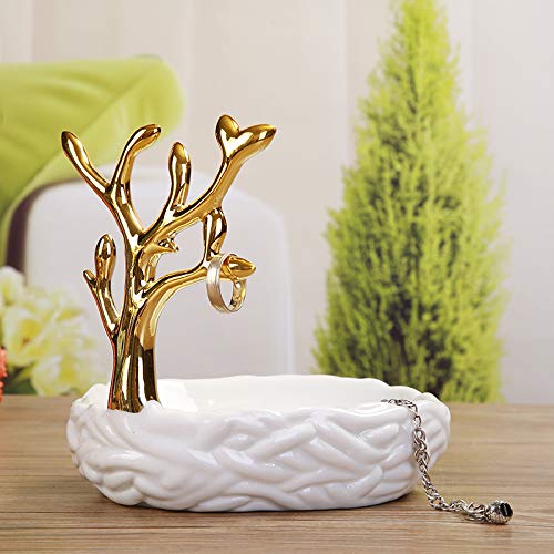 JJ Gifts Ceramic Gold Tree Twig with White Braided Birds Nest Soap Dish Jewelry Holder Organizer