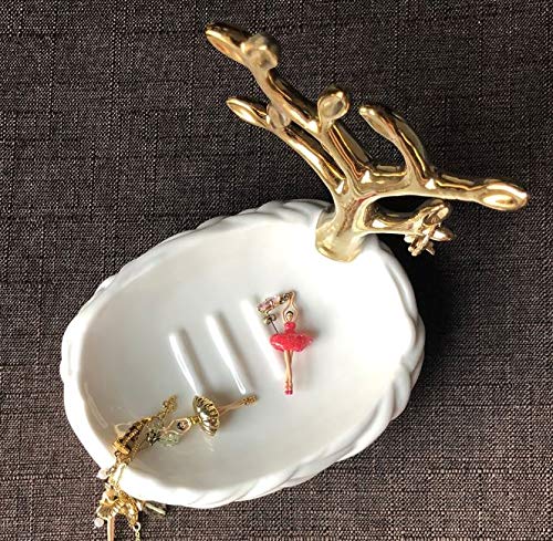 JJ Gifts Ceramic Gold Tree Twig with White Braided Birds Nest Soap Dish Jewelry Holder Organizer