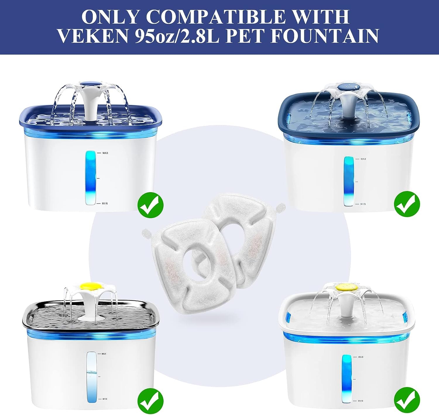4 Pack Replacement Filters & 4 Pack Replacement Pre-Filter Sponges for 67oz, 95oz and 135oz Automatic Cat Water Fountain Dog Water Dispenser, Cat Water Fountain Filters