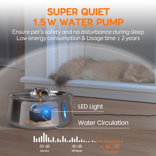 Pawque Stainless Steel Cat Water Fountain Inside, 4.0L/1.05Gal Automatic Pet Fountain Dog Water Bowl with Water Level Window & Ultra-Quiet Pump for Multiple Cats Small Medium Dogs Pets