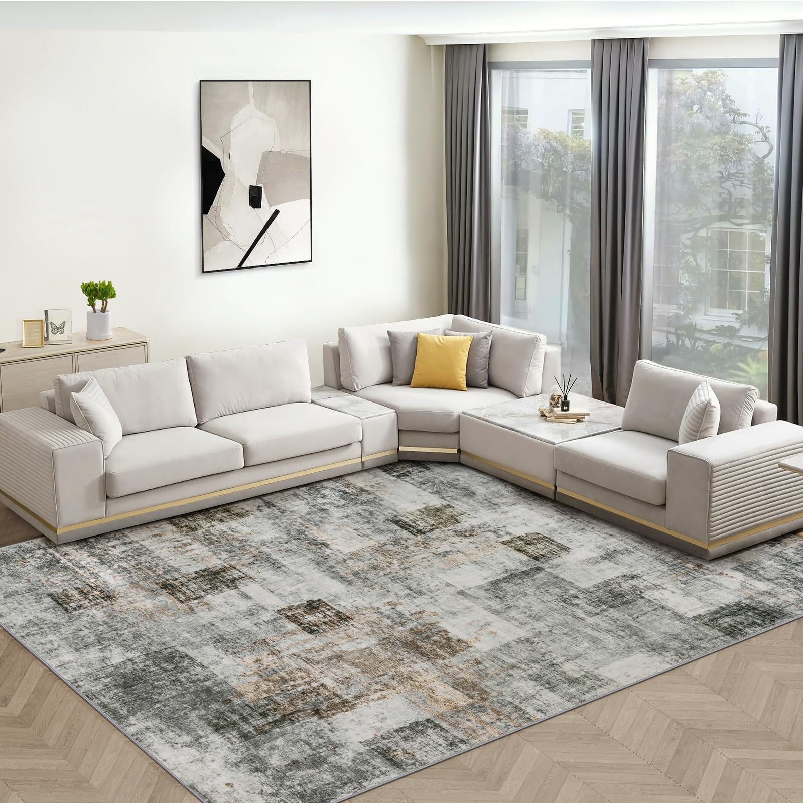 Area Rug Living Room Rugs 8x10 Washable: Soft Modern Abstract Fluffy Rug with Non-Slip Backing, Indoor Plush Throw Rug Large Accent Carpet for Bedroom Dining Room Nursery - Gray