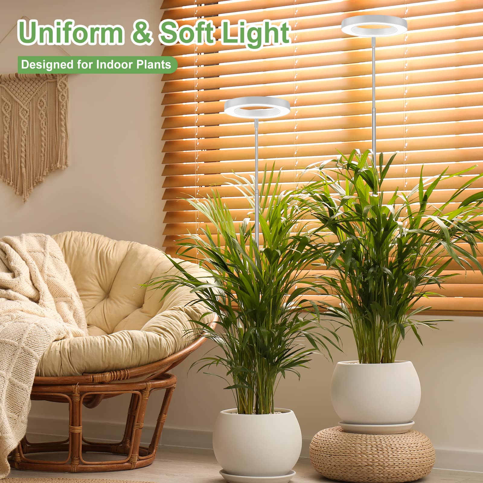 LBW Grow Lights for Indoor Plants, 144 LEDs Full Spectrum Plant Light, Large Plant Lamp with 4 Dimmable Levels, 4/8/12H Auto Timer, Height Adjustable, Halo Growing Lamp for Tall Plants, 2 Pack
