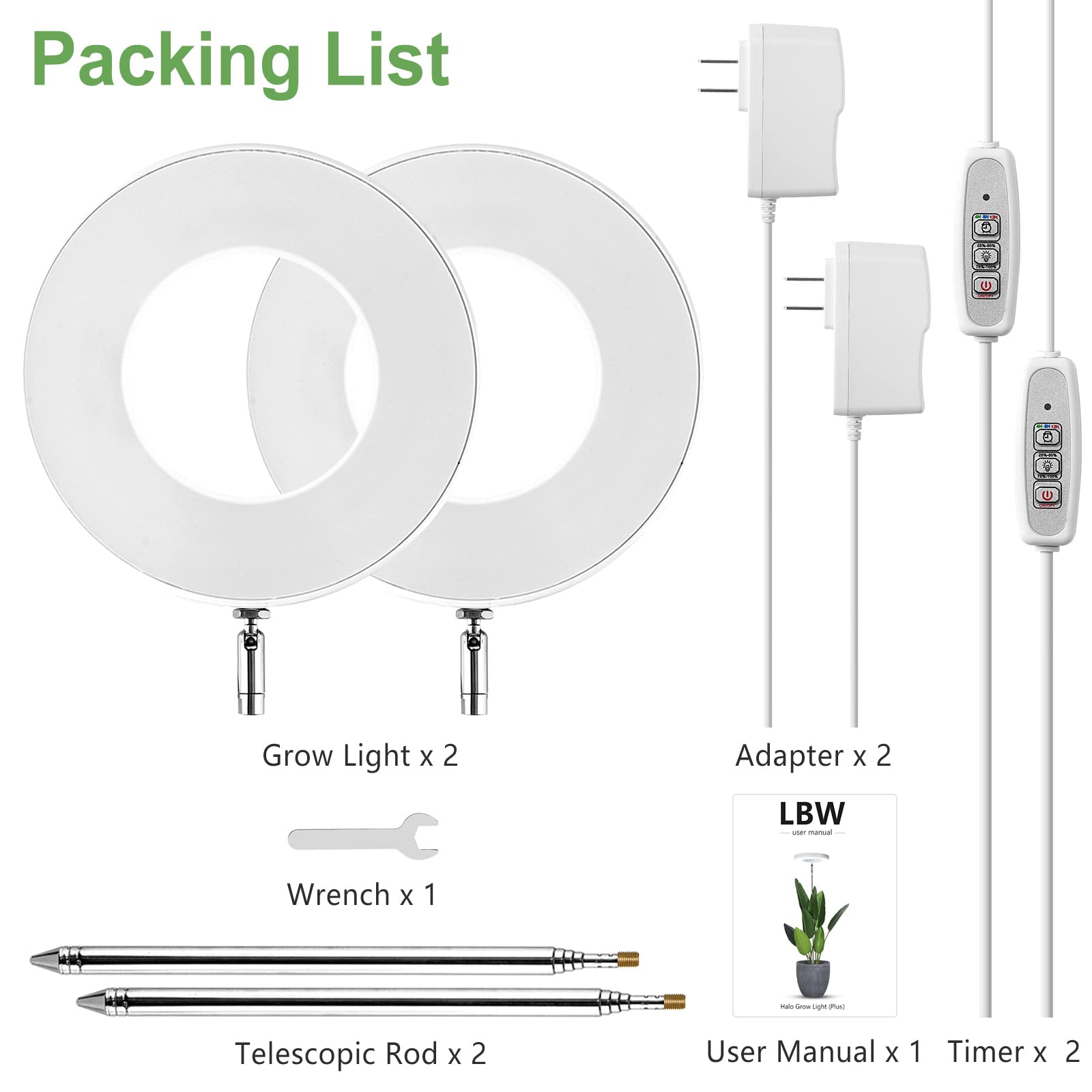 LBW Grow Lights for Indoor Plants, 144 LEDs Full Spectrum Plant Light, Large Plant Lamp with 4 Dimmable Levels, 4/8/12H Auto Timer, Height Adjustable, Halo Growing Lamp for Tall Plants, 2 Pack