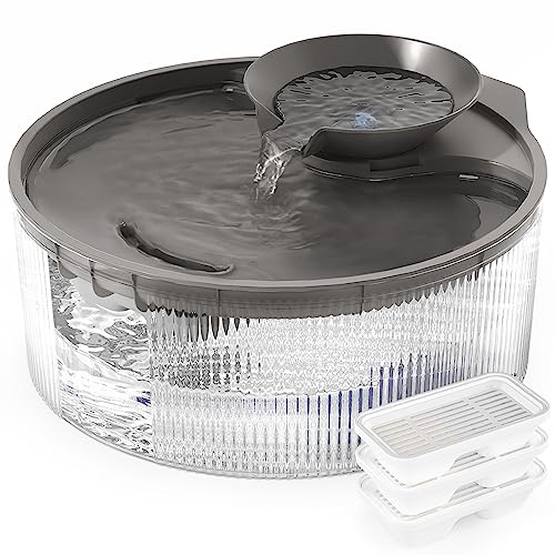 Dog Water Fountain Dispenser for Large Dogs - Automatic Bowl Cat Fountain Inside - Big 168oz/5L with 3 Replacement Filters - Grey (NR-5L-3+3)