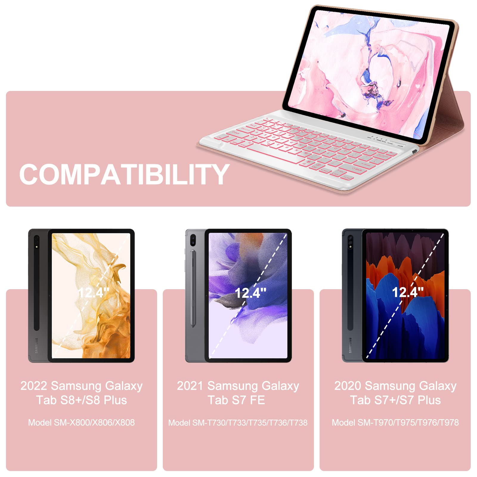 Keyboard Case for Samsung Galaxy Tab S7 FE/S8 Plus/S7 Plus 12.4 Inch, 7-Color Backlit, Smart Magnetic Detachable Wireless Bluetooth Keyboard, Slim Protective Cover with S Pen Holder, Auto Sleep/Wake