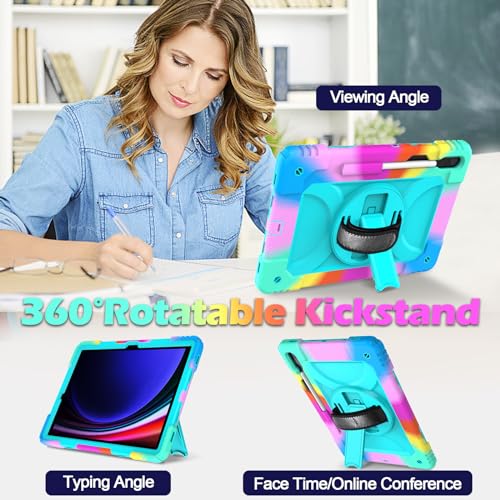 LTROP Protective Case for Samsung Galaxy Tab S9 Plus Case 2023 (SM-X810/ SM-X816B/ SM-X818U) 12.4 Inch, 9H Tempered Glass Screen Protector, S Pen Holder, Hand/Shoulder Strap & Kickstand, Aqua Teal