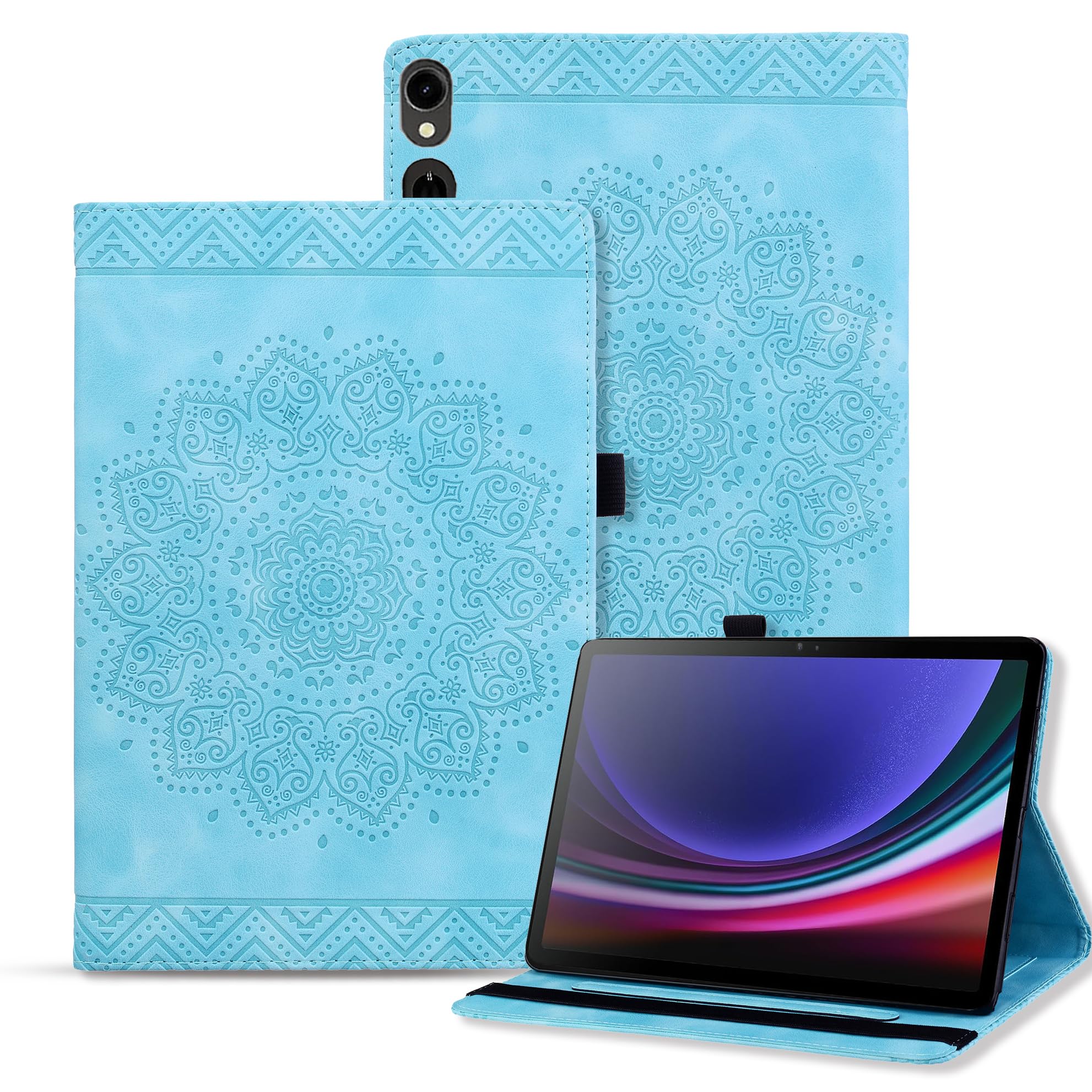 Rosbtib Case Compatible with Samsung Galaxy Tab S9/S8/S7 Cover, Premium PU Leather Folio Cover with Mandala Embossed Design for Galaxy Tab S9/S8/S7 - Blue