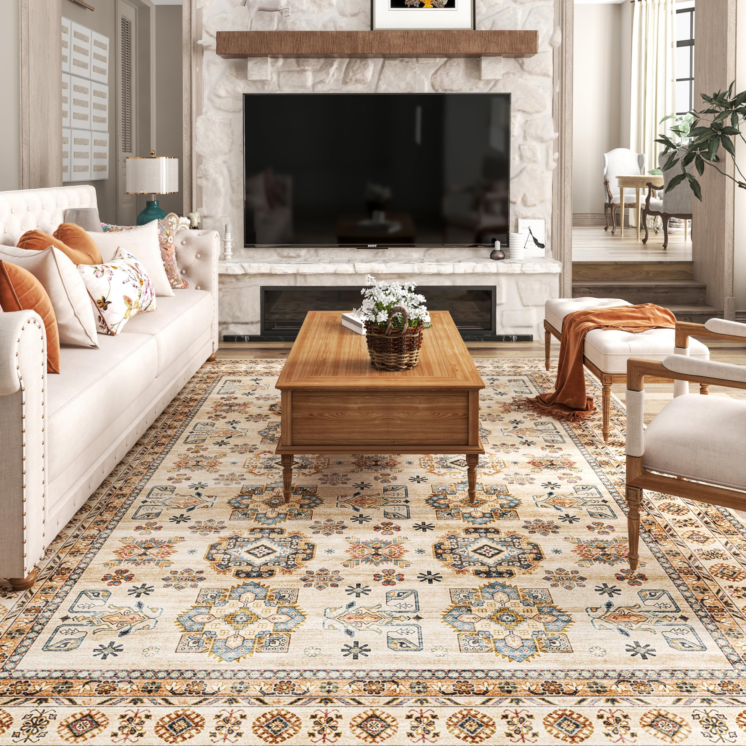 tchdio Area Rugs for Living Room, 8x10 Area Rugs with Nonslip Backing, Low-Pile Washable Rugs in Vintage Decor Style, Perfect Carpet or Bedroom Nursery
