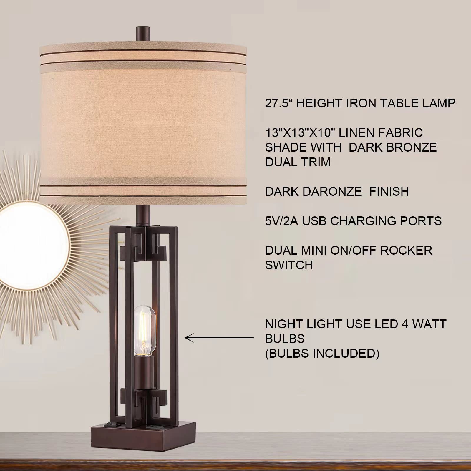 KIVDITZO Rustic Farmhouse Table Lamps with Night Light Set of 2 Dark Bronze Finish Round Shade 5V/2A USB Charging Ports Nightstand Lamp for Living Room Bedroom Home Office Study.