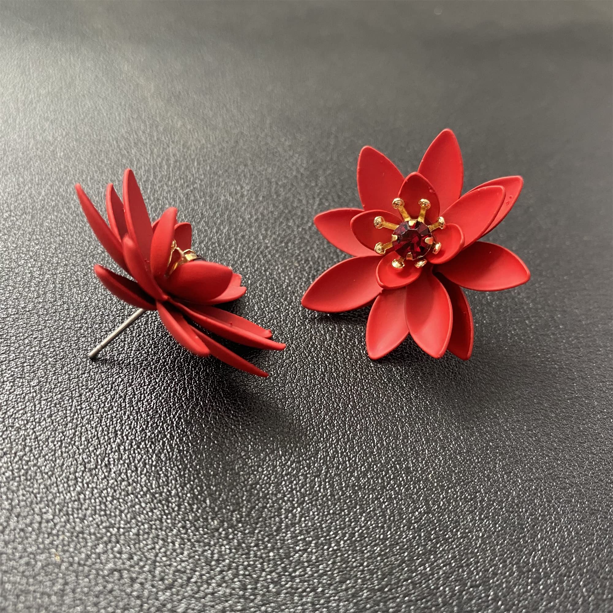 Chic Cute Boho Matte Flower Statement Stud Earrings with Gold Flower Bud for Women Sister Mom Lover and Friends (Red 13)