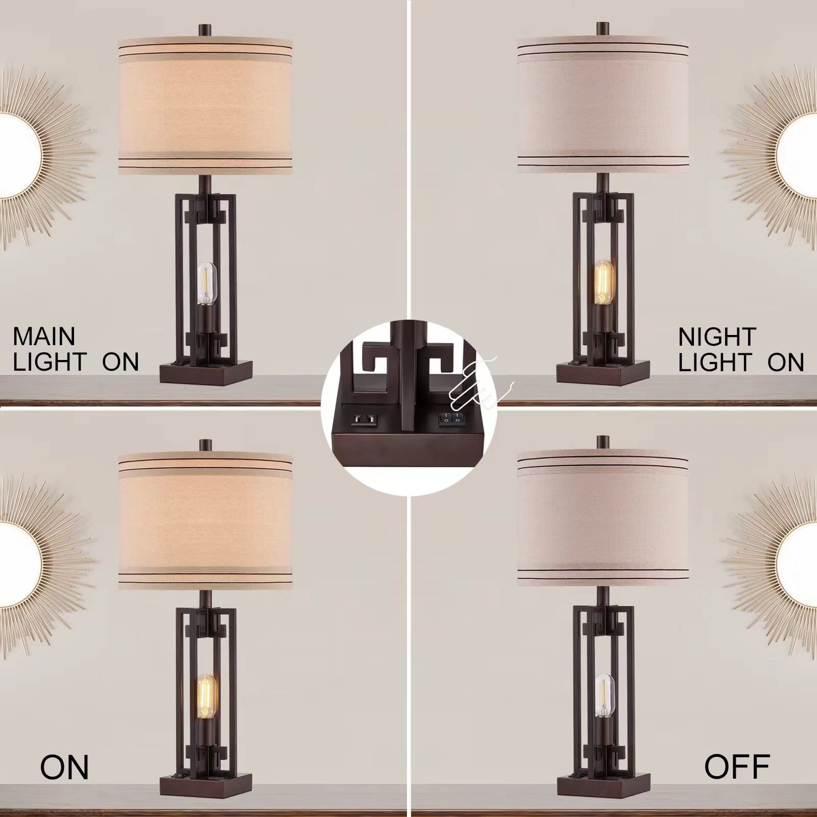 KIVDITZO Rustic Farmhouse Table Lamps with Night Light Set of 2 Dark Bronze Finish Round Shade 5V/2A USB Charging Ports Nightstand Lamp for Living Room Bedroom Home Office Study.