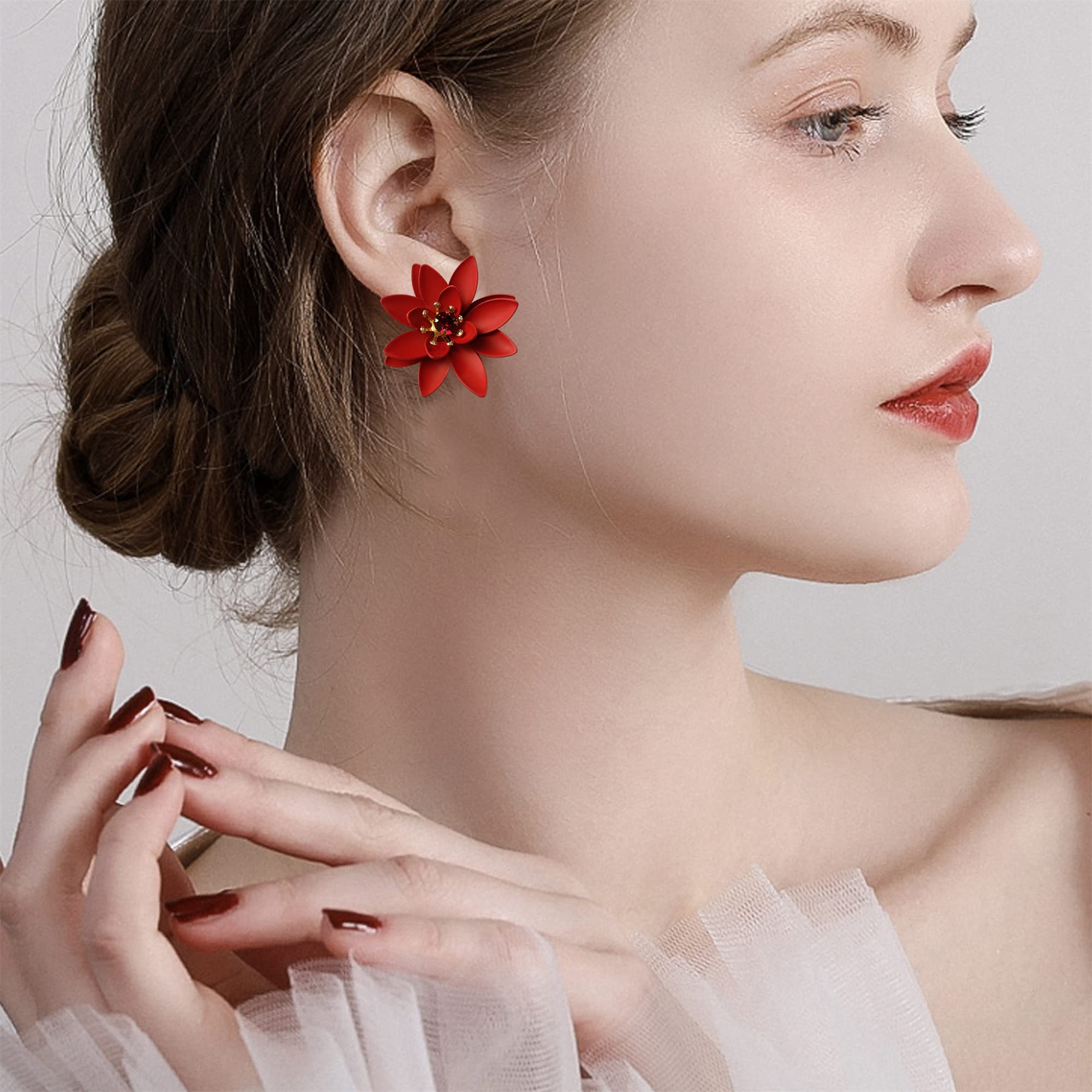 Chic Cute Boho Matte Flower Statement Stud Earrings with Gold Flower Bud for Women Sister Mom Lover and Friends (Red 13)
