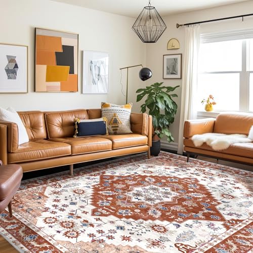 Vamcheer Vintage Washable Area Rug for Living Room 8x10 Soft Faux Cashmere Short Pile Rugs for Bedroom Kitchen Dining Home Office Non-Shedding and Easy-Cleaning, Orange