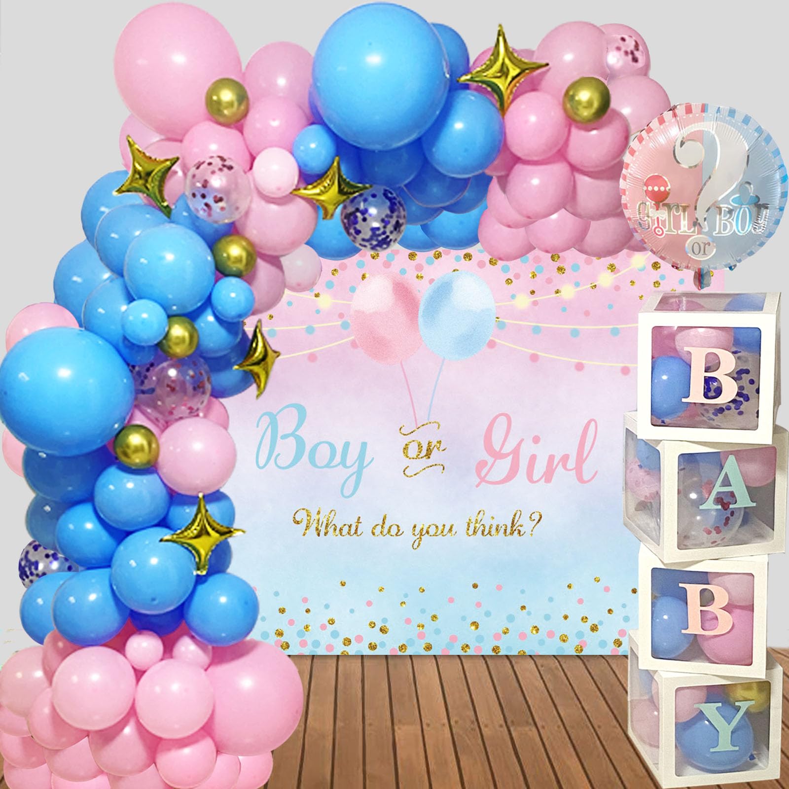 145pcs Baby Boxes Gender Reveal Balloon Decorations, Pink and Blue Balloon Garland Kit 4pcs Baby Boxes with Letters, Boy or Girl Backdrop for Gender Reveal Baby Shower Birthday Party Supplies