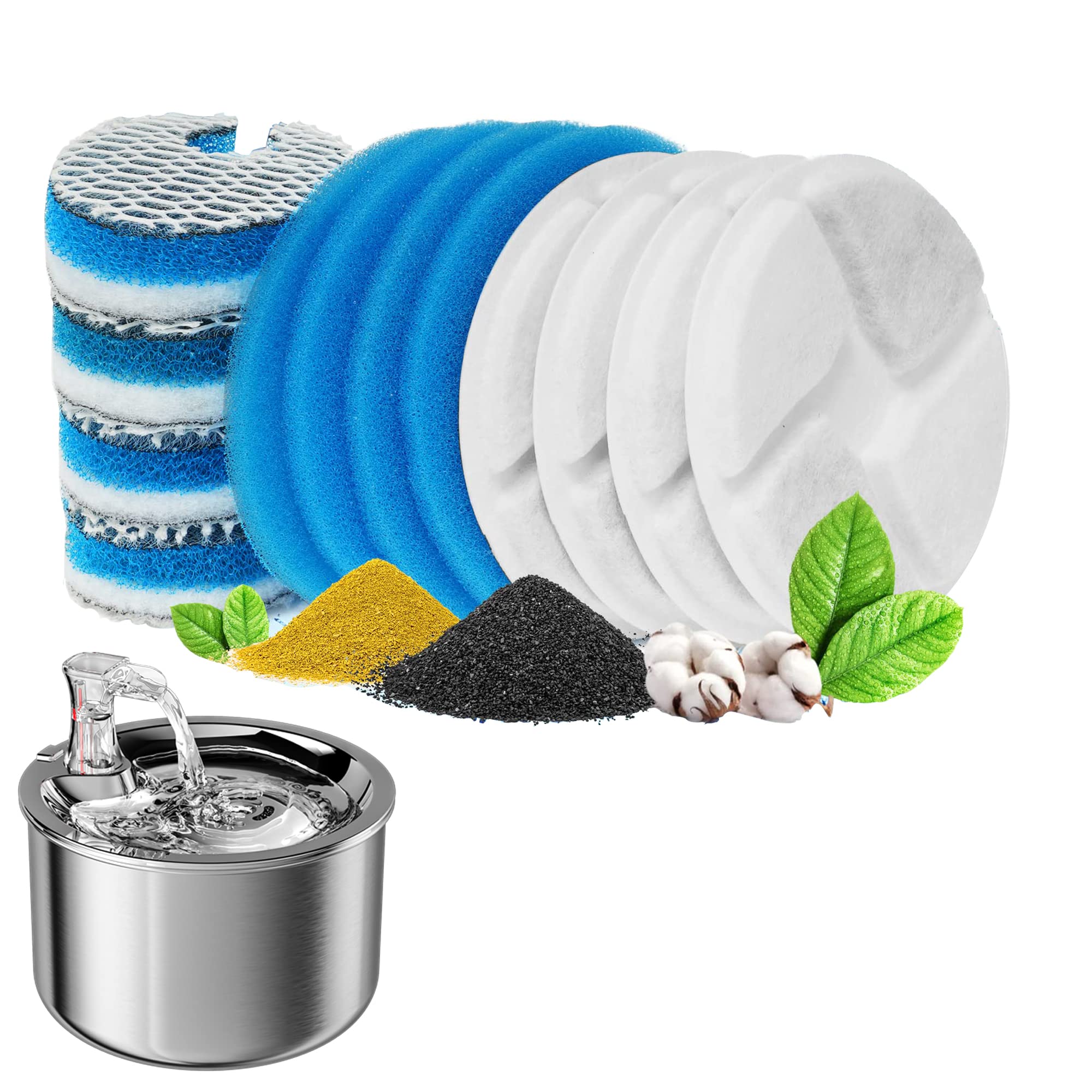 Homtyler Stainless Steel Cat Water Fountain Filters 6 Pack Cat Fountain Filter Replacement, 3 Triple Filtration System, Activated Carbon Filters for 67oz/2L Automatic Pet Fountain Filter