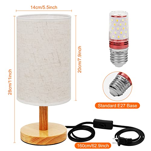 ALOTUS Table Lamp for Bedroom - 12W Bedside Lamps for Nightstand, Solid Wood Night Stand Light Lamp with Round Flaxen Fabric Shade for Living Room, Dorm, Home Office (LED Bulb Included)