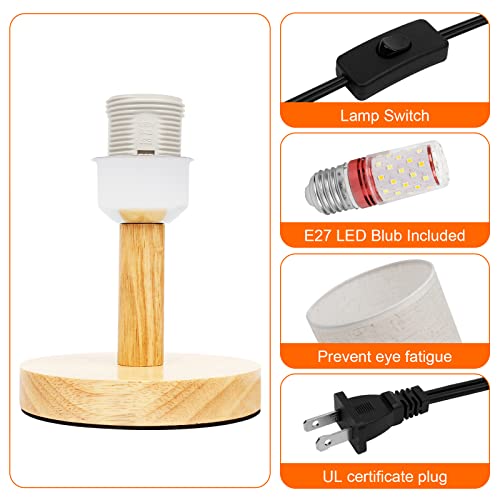 ALOTUS Table Lamp for Bedroom - 12W Bedside Lamps for Nightstand, Solid Wood Night Stand Light Lamp with Round Flaxen Fabric Shade for Living Room, Dorm, Home Office (LED Bulb Included)