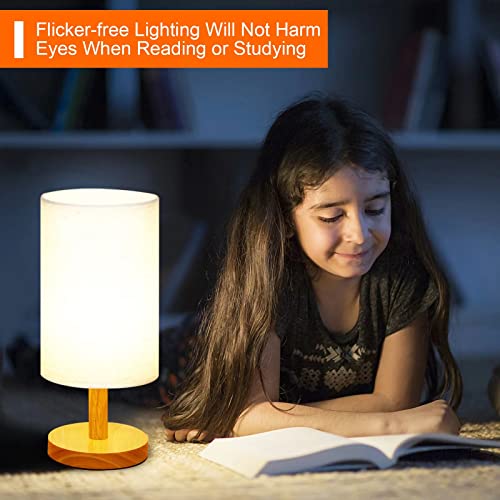 ALOTUS Table Lamp for Bedroom - 12W Bedside Lamps for Nightstand, Solid Wood Night Stand Light Lamp with Round Flaxen Fabric Shade for Living Room, Dorm, Home Office (LED Bulb Included)