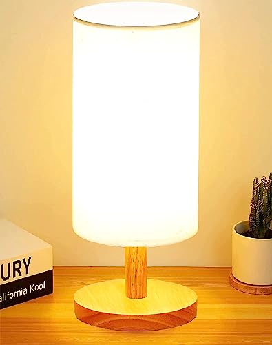 ALOTUS Table Lamp for Bedroom - 12W Bedside Lamps for Nightstand, Solid Wood Night Stand Light Lamp with Round Flaxen Fabric Shade for Living Room, Dorm, Home Office (LED Bulb Included)