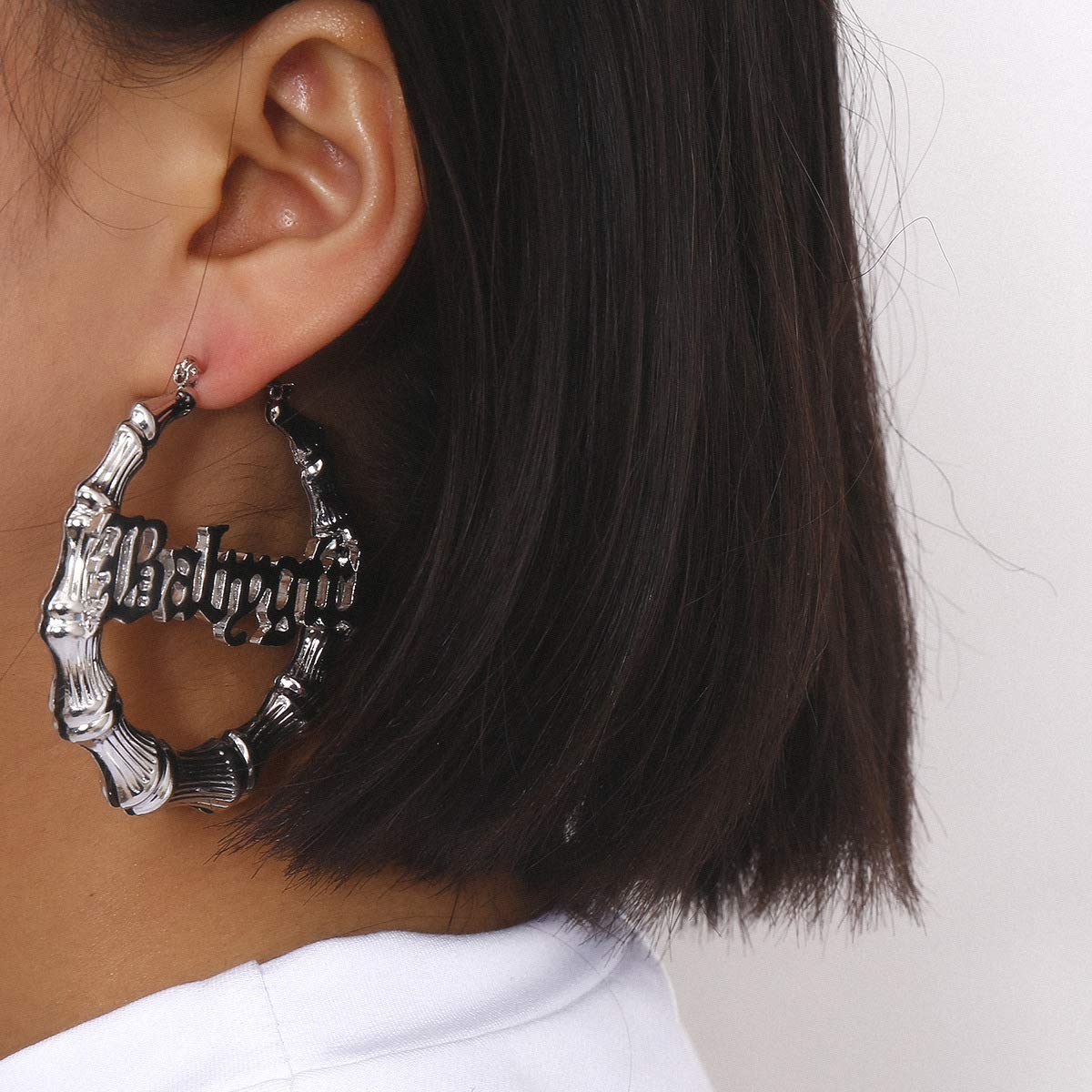 Gold Silver Plated Big Bamboo Hoop Earrings for Women Hip-Pop Style Party Jewelry(B:Silver)