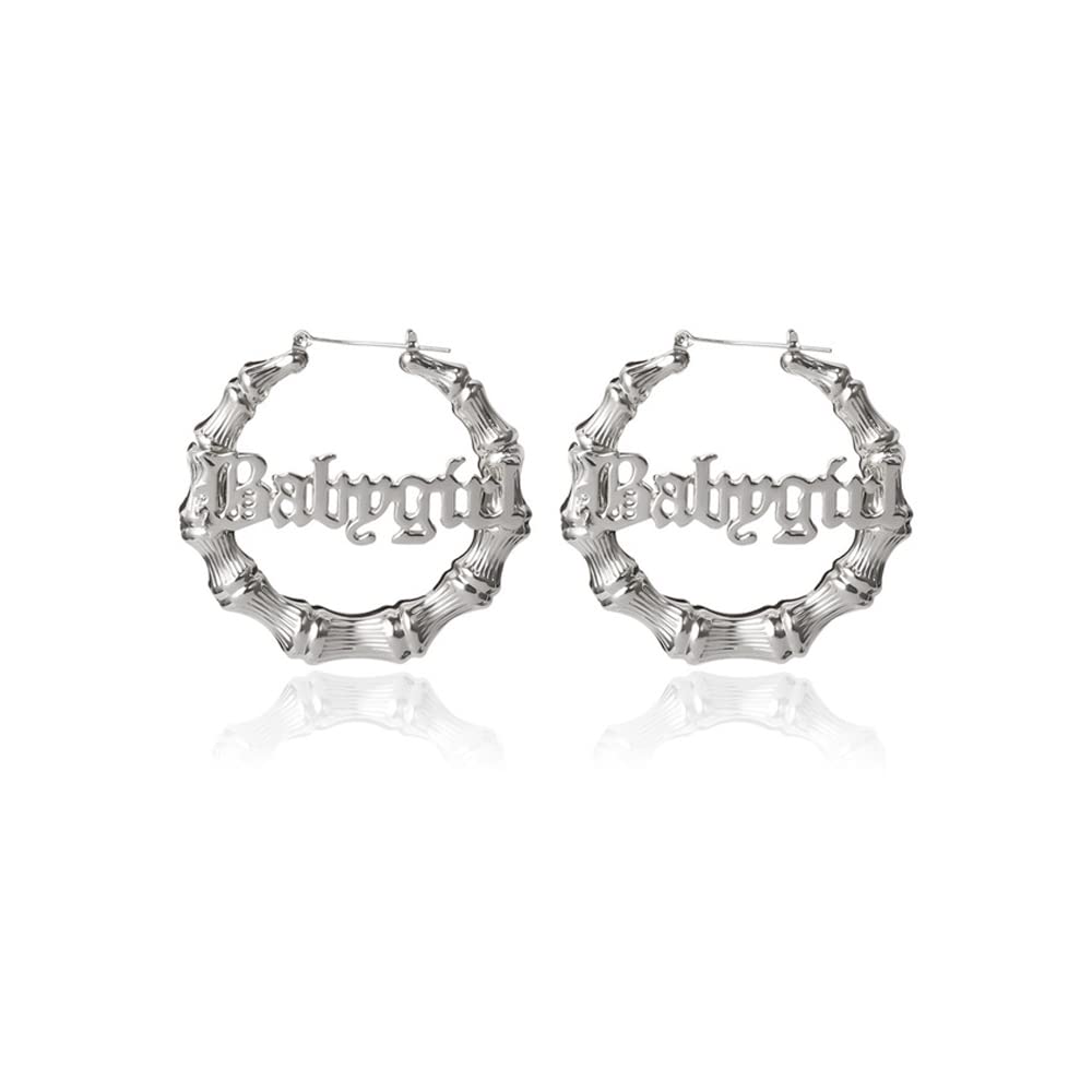Gold Silver Plated Big Bamboo Hoop Earrings for Women Hip-Pop Style Party Jewelry(B:Silver)