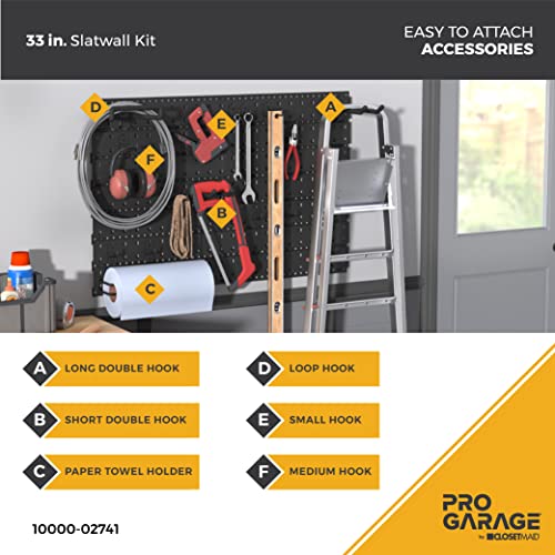ClosetMaid ProGarage Slatwall Hang Track Kit, 33 in. W with Peg Board Hooks, Hangers, Paper Towel Holder, Garage Organizer System, Black