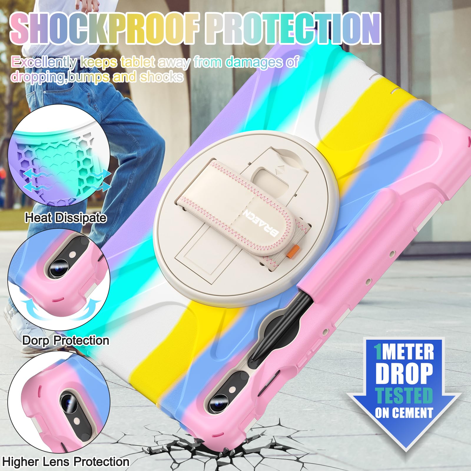 BRAECNstock Kids Case for Samsung Galaxy Tab S9 FE/ S9/ S8/ S7 5G 10.9"/ 11" Shockproof Protective with Pencil Holder, [360° Rotating Hand Strap & Stand], Shoulder Strap, Colorful Pink