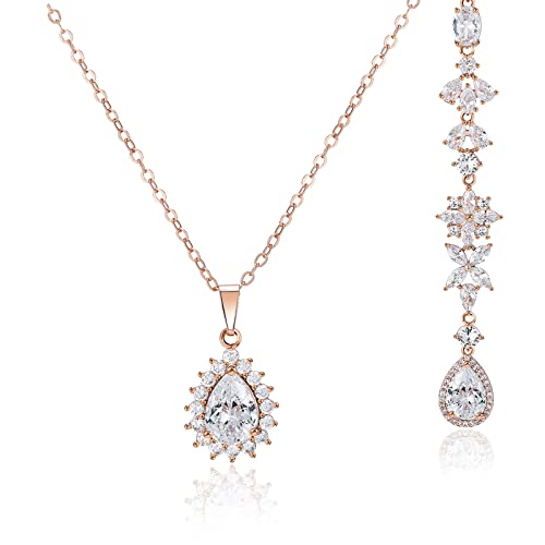 SWEETV Teardrop Wedding Bridal Backdrop Necklace, Rose Gold Cubic Zirconia Back Pendant Necklace for Bride Bridesmaids Women, Body Chain Jewelry for Prom Wedding