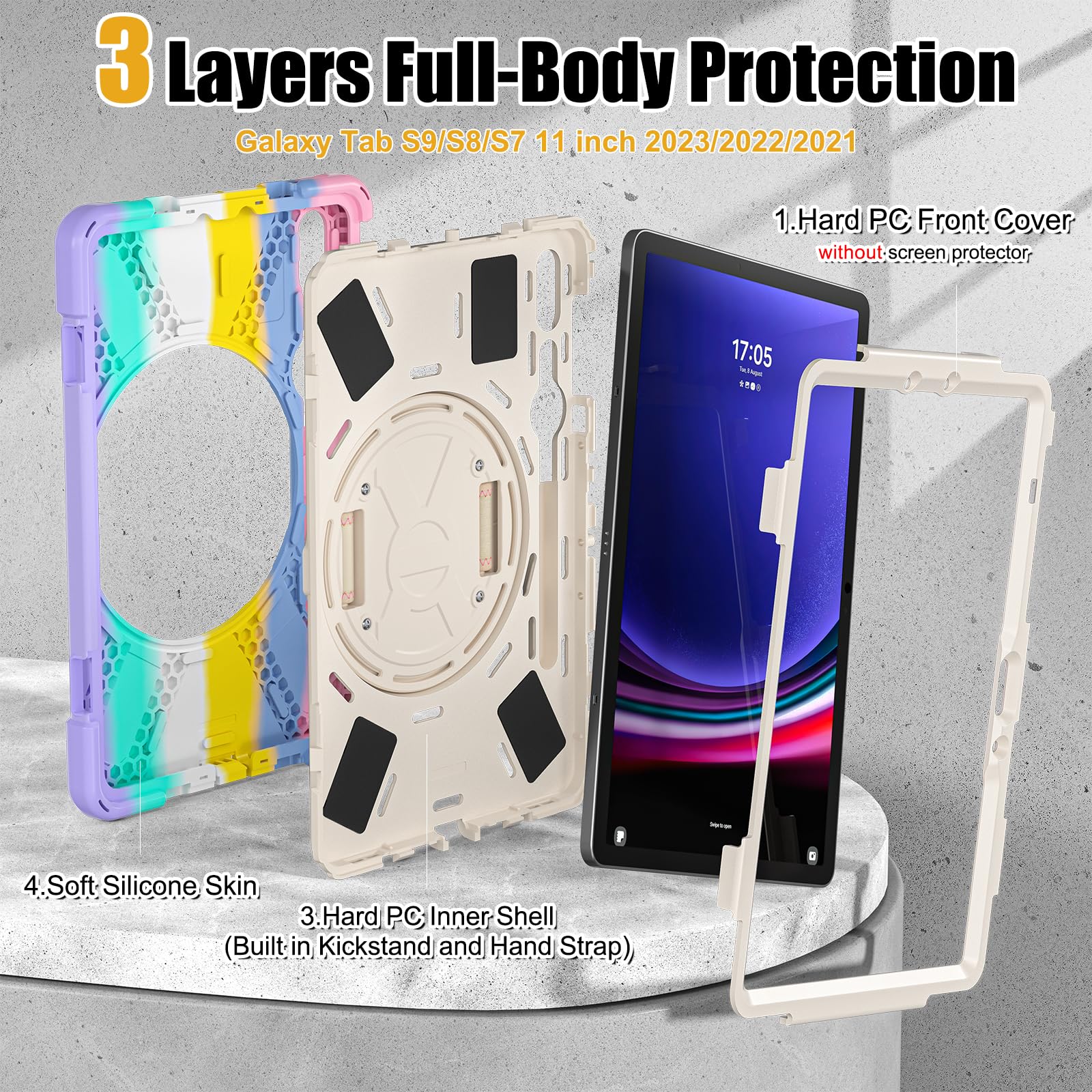 BRAECNstock Kids Case for Samsung Galaxy Tab S9 FE/ S9/ S8/ S7 5G 10.9"/ 11" Shockproof Protective with Pencil Holder, [360° Rotating Hand Strap & Stand], Shoulder Strap, Colorful Pink