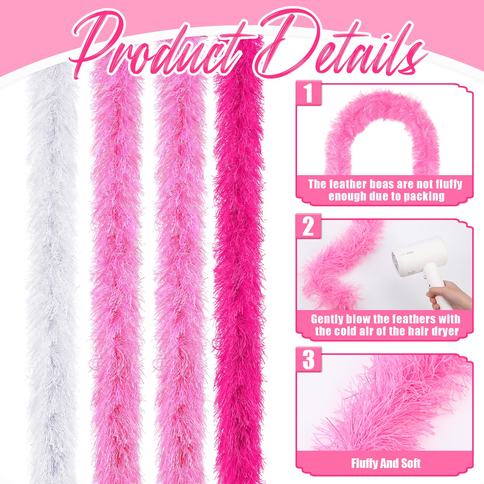 Jexine 8 Pcs Feather Boas Bulk Artificial Fluffy Boas Decor for Wedding Costume Dress Tea Party Supplies(5 Ft,Pink, Rose, White)