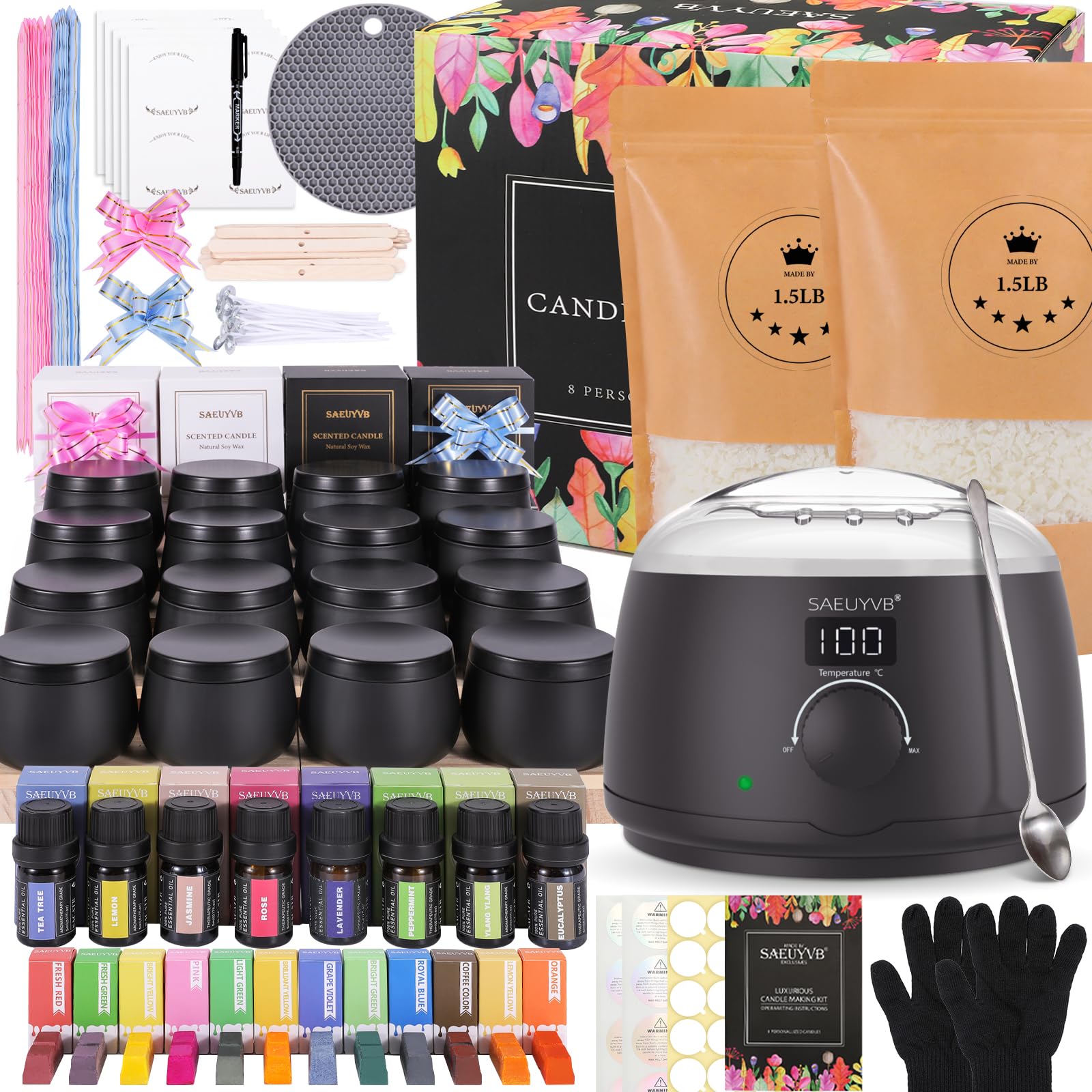 SAEUYVB Candle Making Kit,Candle Making Kit for Adults,Candle Making Kit with Hot Plate,Candle Making Supplies - DIY Starter Soy Candle Making Kit - Perfect as Home Decorations