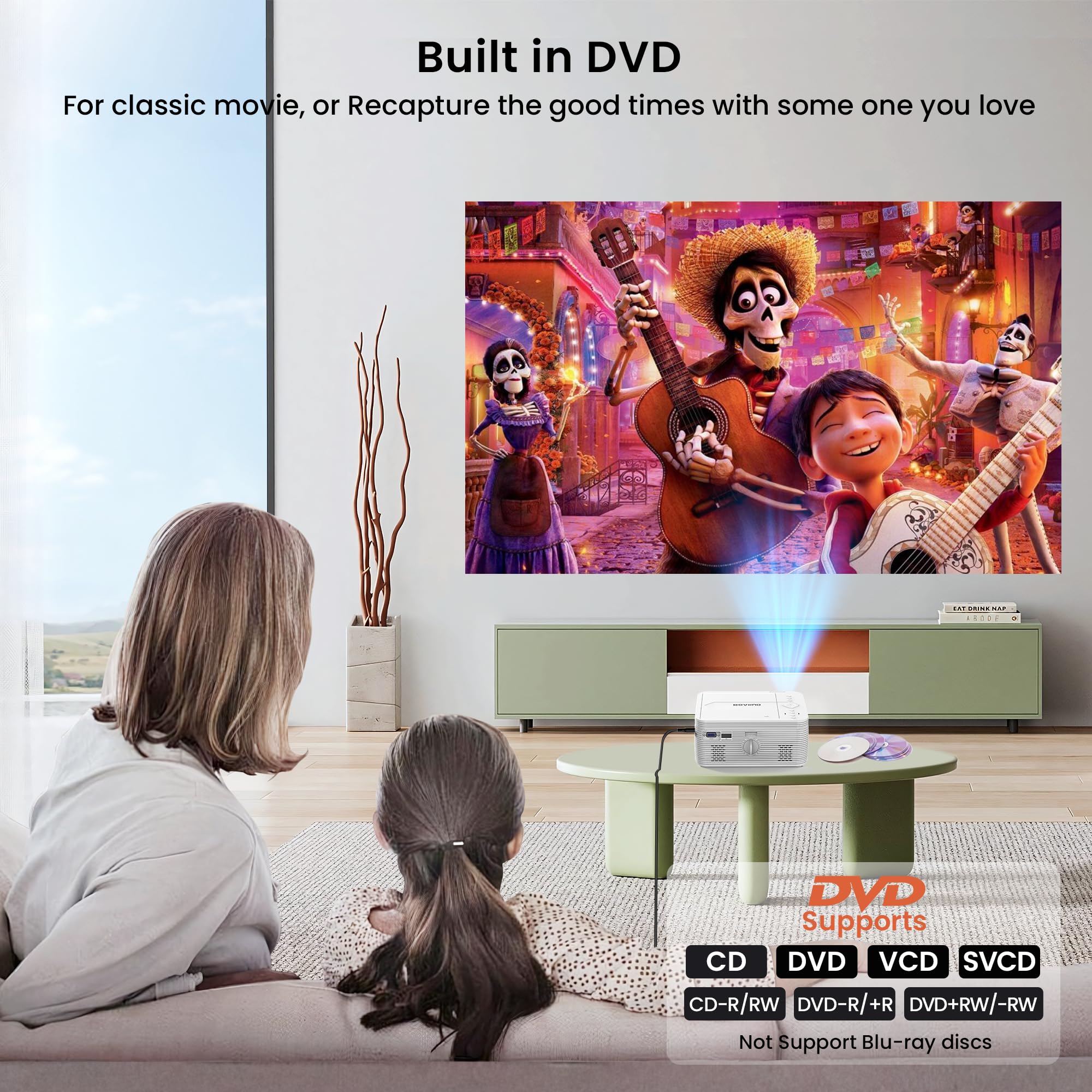 BIGASUO Upgrade HD Bluetooth Projector Built in DVD Player, Mini Video Projector 1080P Supported Compatible with TV/HDMI/VGA/AV/USB/TF SD Card, Portable Outdoor Movie Projector