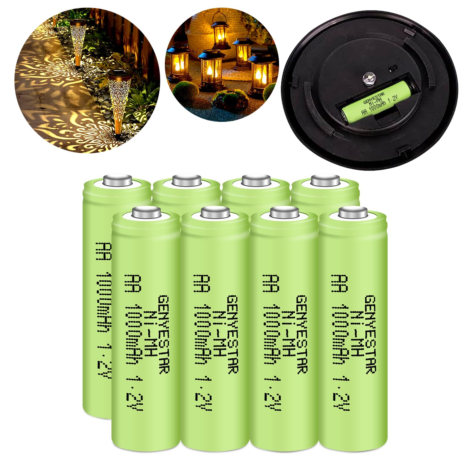 GENYESTAR Solar Lights AA Rechargeable Batteries 1000mah High Capacity 1.2V Ni-MH AA Battery for Outdoor Lights, String Lights, TV Remotes, Wireless Mouses, Flashlight, 8 Pack