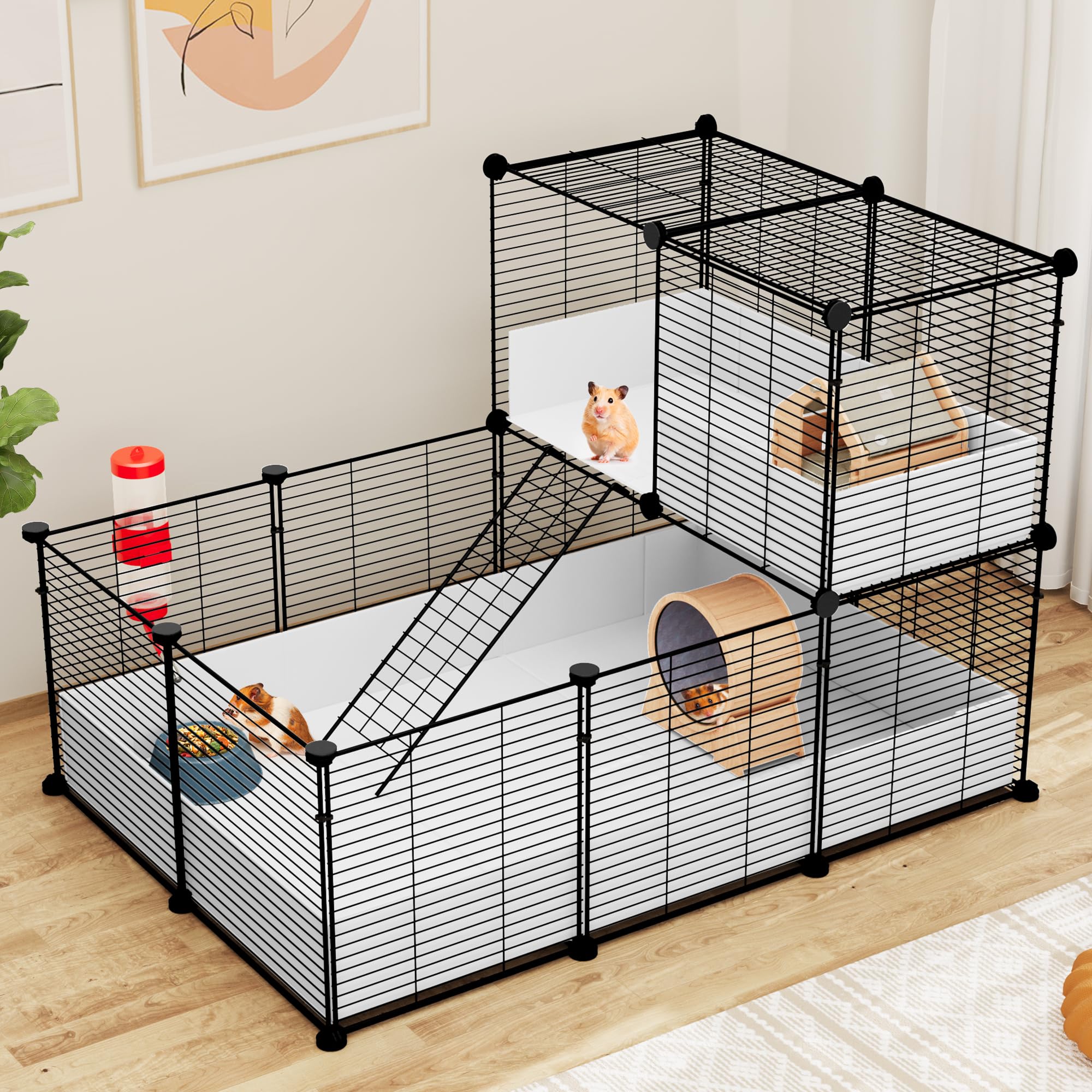 YITAHOME Guinea Pig Cage, Indoor C&C Small Animal Cage with Waterproof Plastic Liner, Loft and Partition for Bunny, Chinchilla and Hamster, Habitat Fence Playpen with 25PCS Pannels