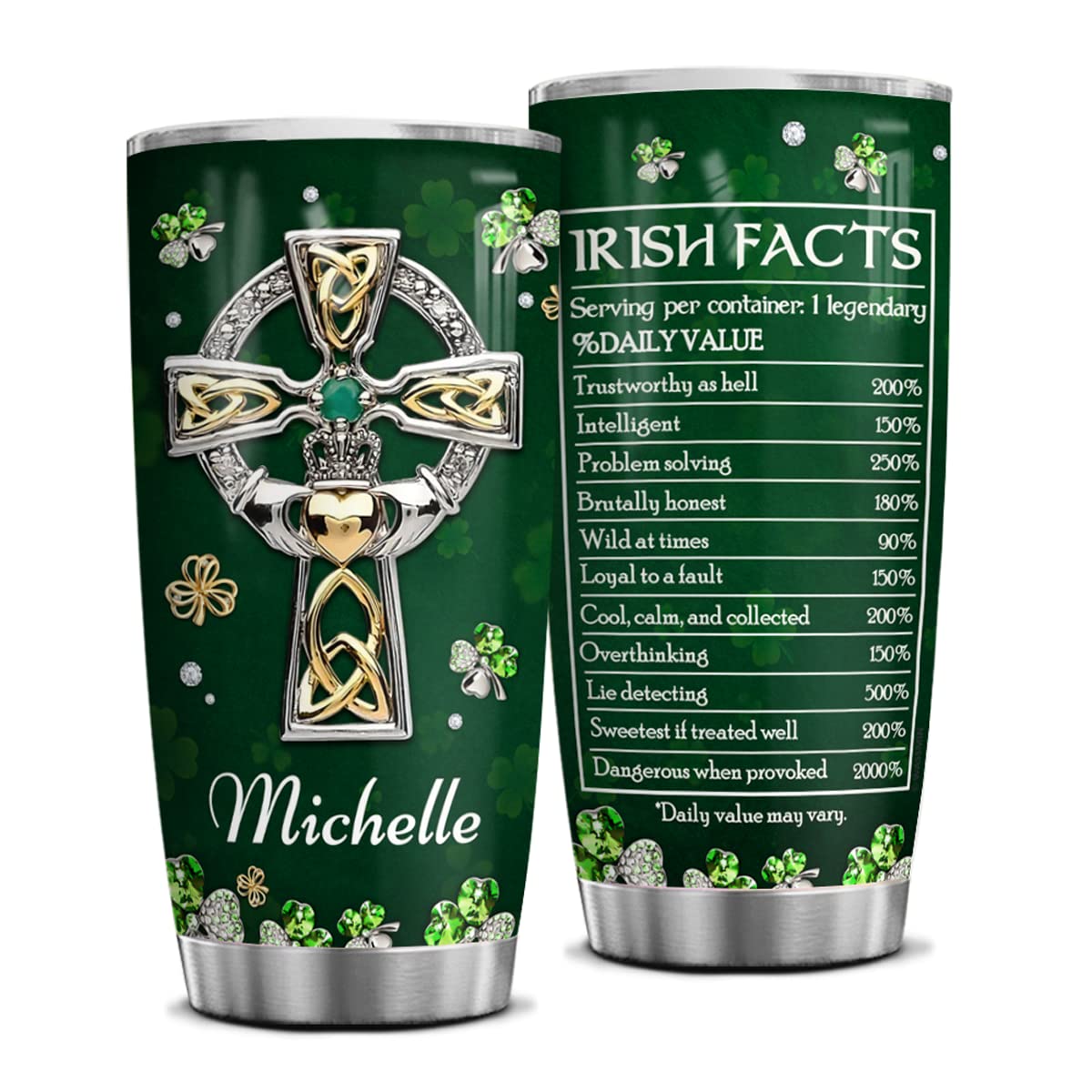 Wassmin Personalized St Patricks Day Tumbler Irish Fact Celtic Cross Jewelry Drawing Stainless Steel Tumbler 20 Oz 30 Oz with Lid Travel Mug Saint Paddy's Day Gifts for Irish Women Men Family Friends