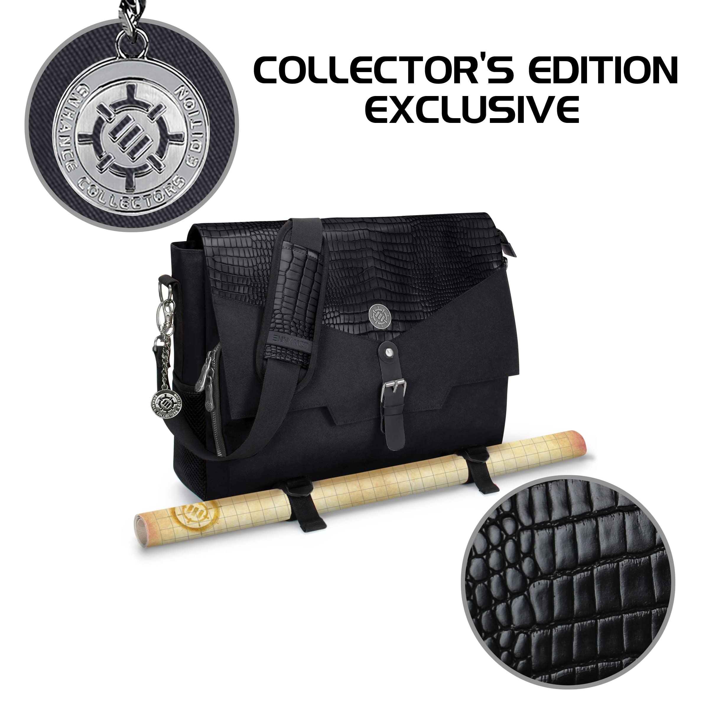 ENHANCE Collector's Edition RPG Player's Essentials DnD Bag - Dragon Hide Exterior Messenger Bag Fits 2-4 Books, Binders, Dice & Accessories, with 17 inch Laptop Slot, Battlemap Straps (Dragon Black)