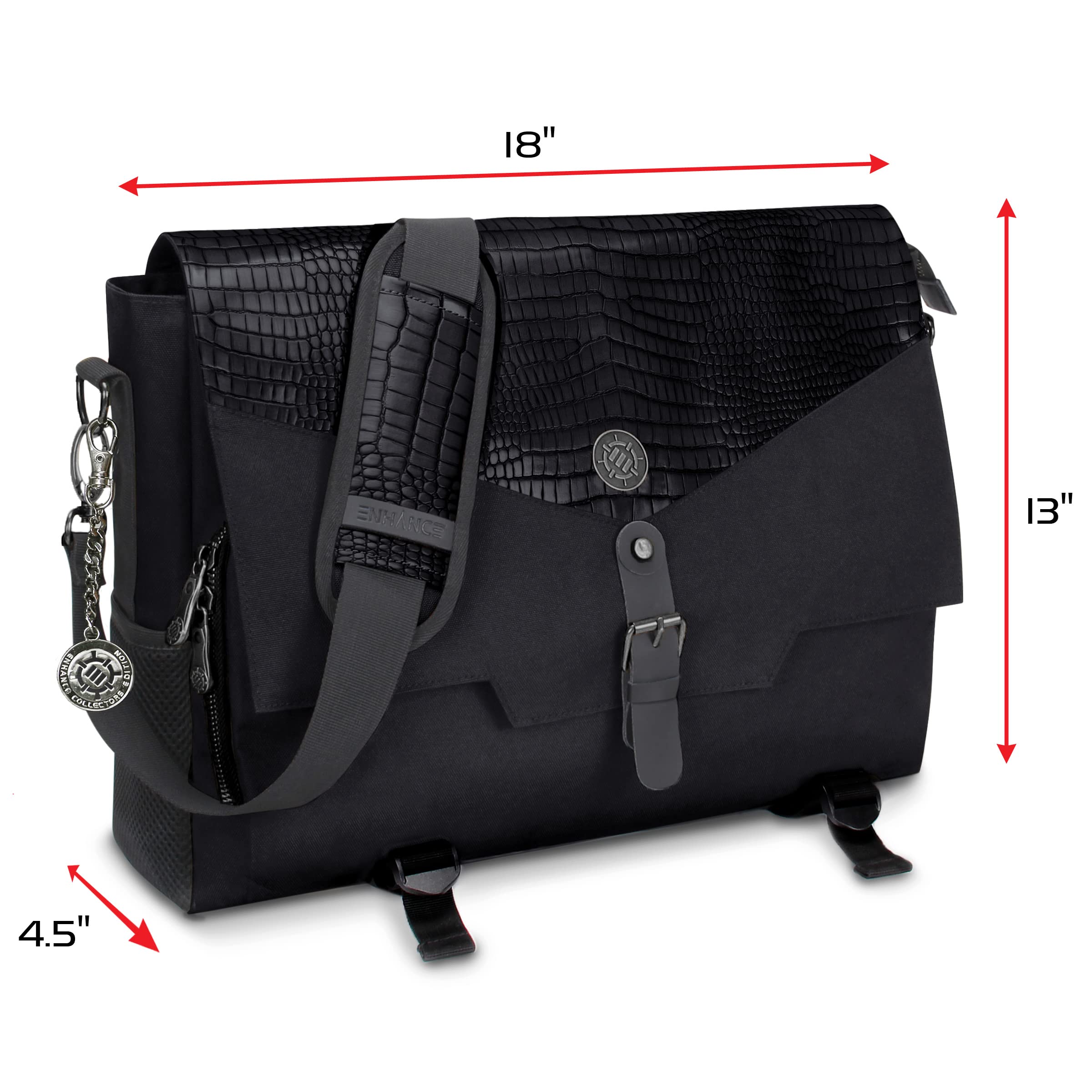 ENHANCE Collector's Edition RPG Player's Essentials DnD Bag - Dragon Hide Exterior Messenger Bag Fits 2-4 Books, Binders, Dice & Accessories, with 17 inch Laptop Slot, Battlemap Straps (Dragon Black)