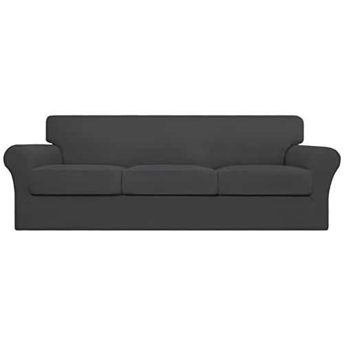 Easy-Going Couch Cover, Stretch Sofa Cover with 3 Cushion Covers, Washable Spandex Jacquard Fabric, Elastic Furniture Protector for Pets, Kid (Large, Dark Gray)