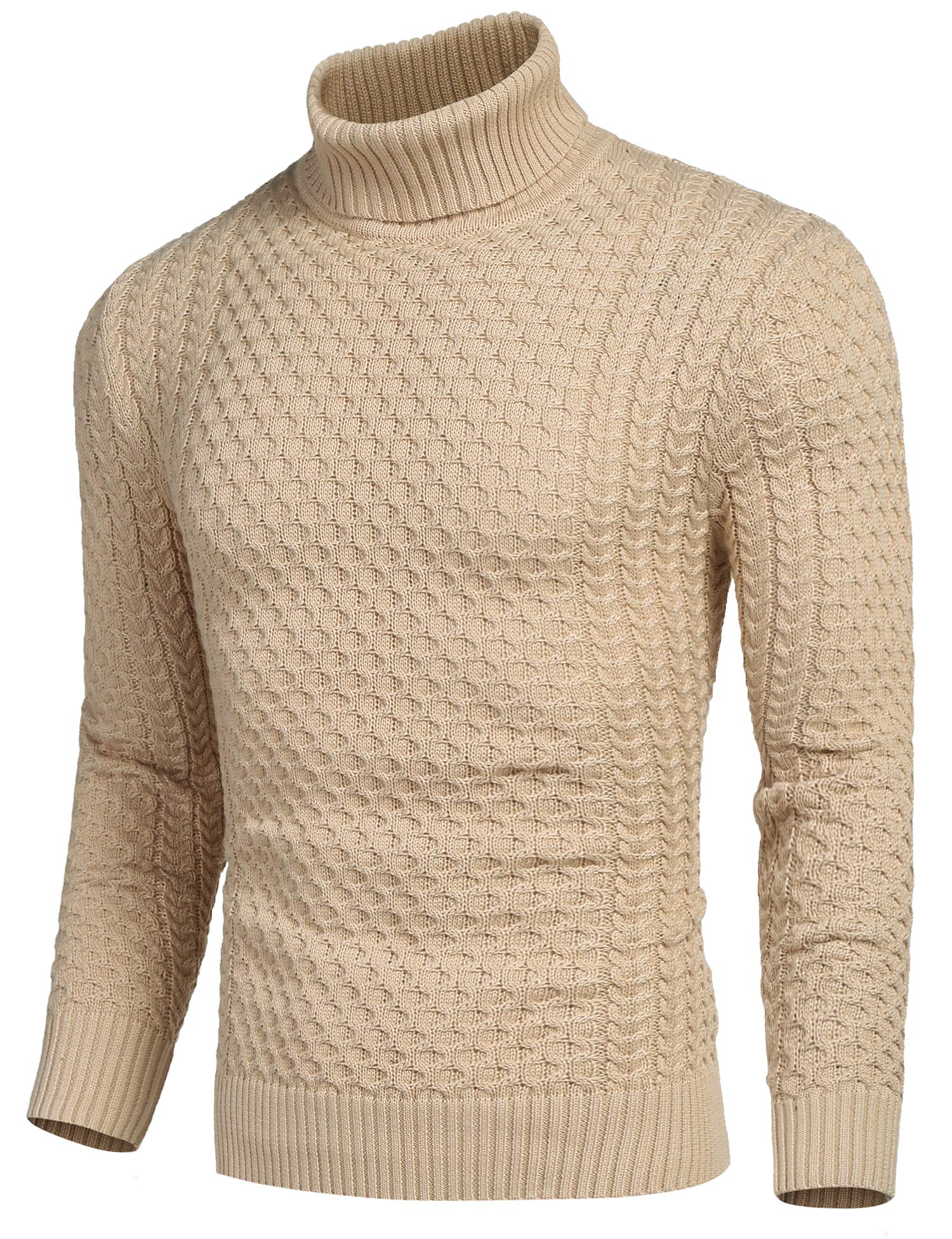COOFANDY Men's Slim Fit Turtleneck Sweater Casual Knitted Twisted Pullover Solid Sweaters Khaki