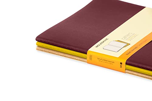 Moleskine Cahier Journal, Soft Cover, XL (7.5" x 9.5") Ruled/Lined, Cranberry Red, Mustard Yellow, Kraft Brown, 120 Pages (Set of 3)