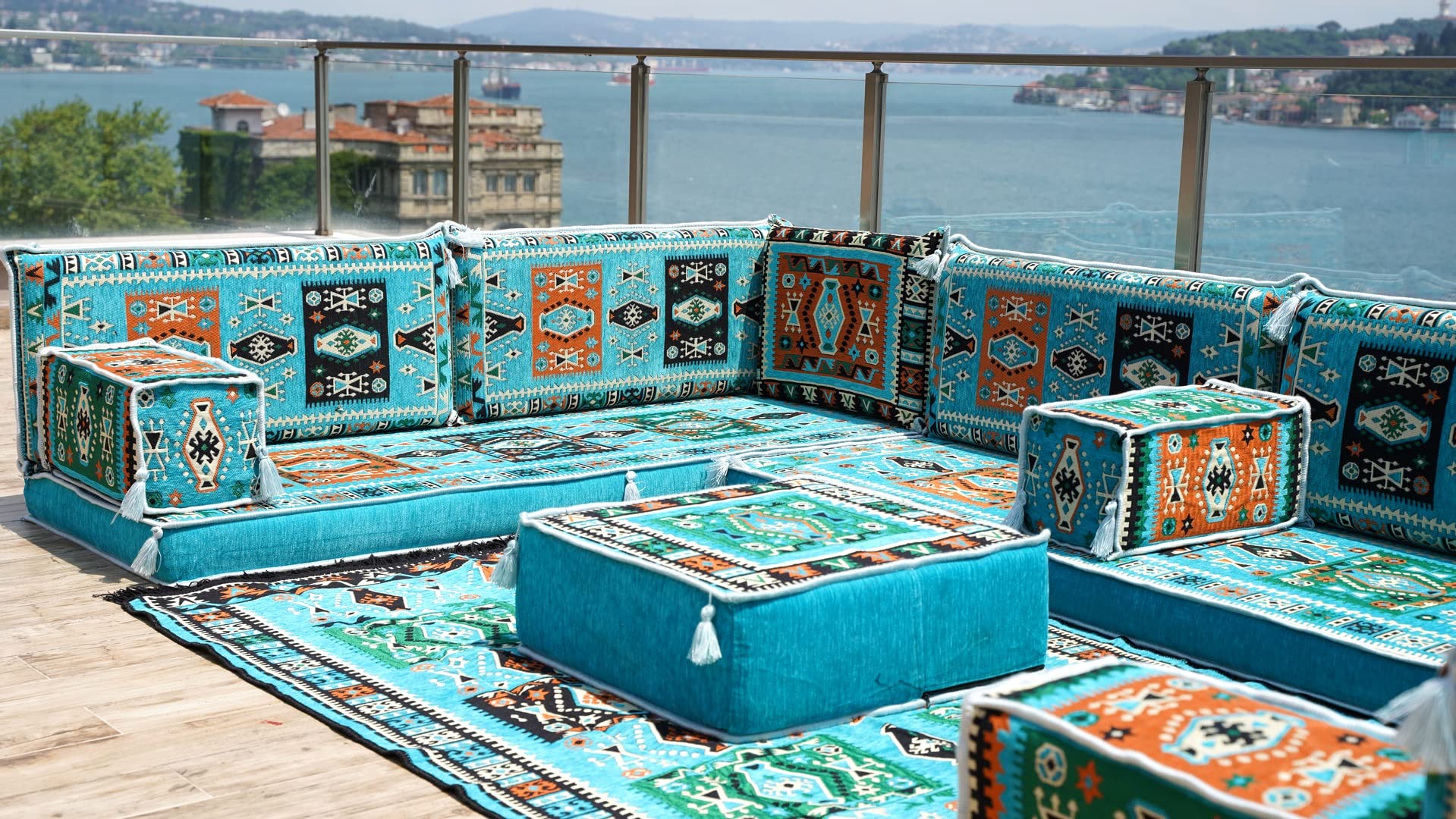 Light Blue Floor Seating Set, Corner Floor Sofa Set, Arabic Majlis, U Shaped Arabic Sofa Set, Sectional Sofas, Floor Cushions, Arabic Jalsa (U Sofa Full Set)