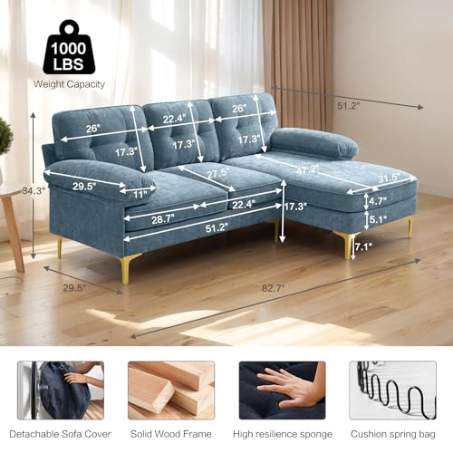 EASELAND 82" L-Shape Sofa with Reversible Chaise Lounge, Convertible Sectional Sofa Couch, Chenille Modern Sofa Couch for Living Room, Apartment and Office, Removable Cover (Light Blue)